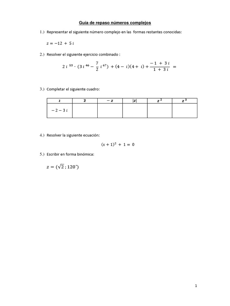 Guía de Números Complejos: Ejercicios y Soluciones | PDF | Análisis ...