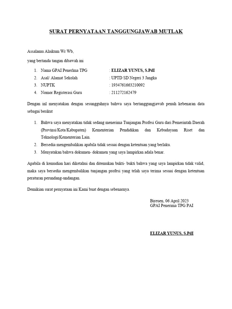 Surat Pernyataan Tanggungjawab Mutlak | PDF