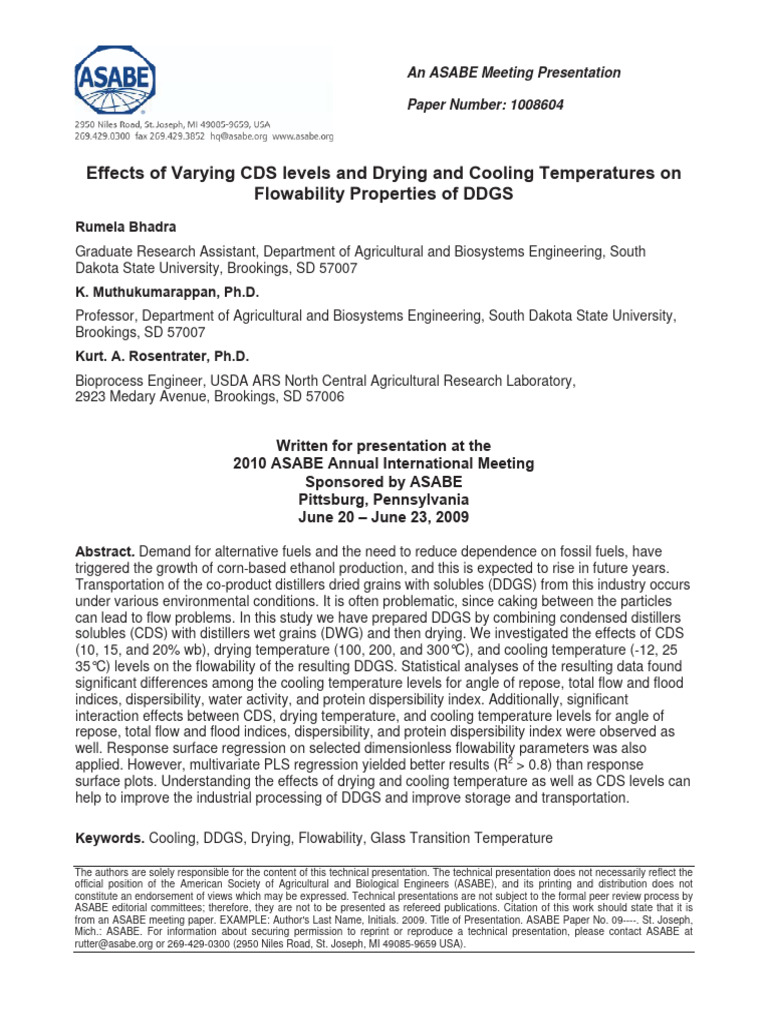 Effects of Varying CDS Levels and Drying and Cooling Temperatures On Flowability Properties of ...