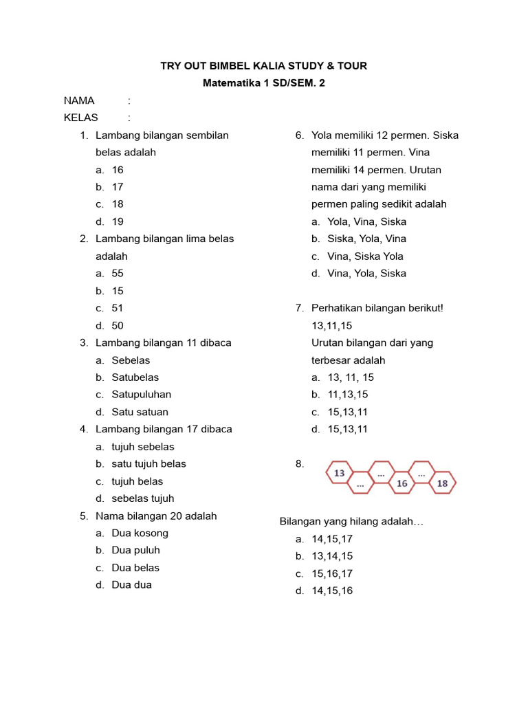 Kelas 1 MTK Uas Genap | PDF