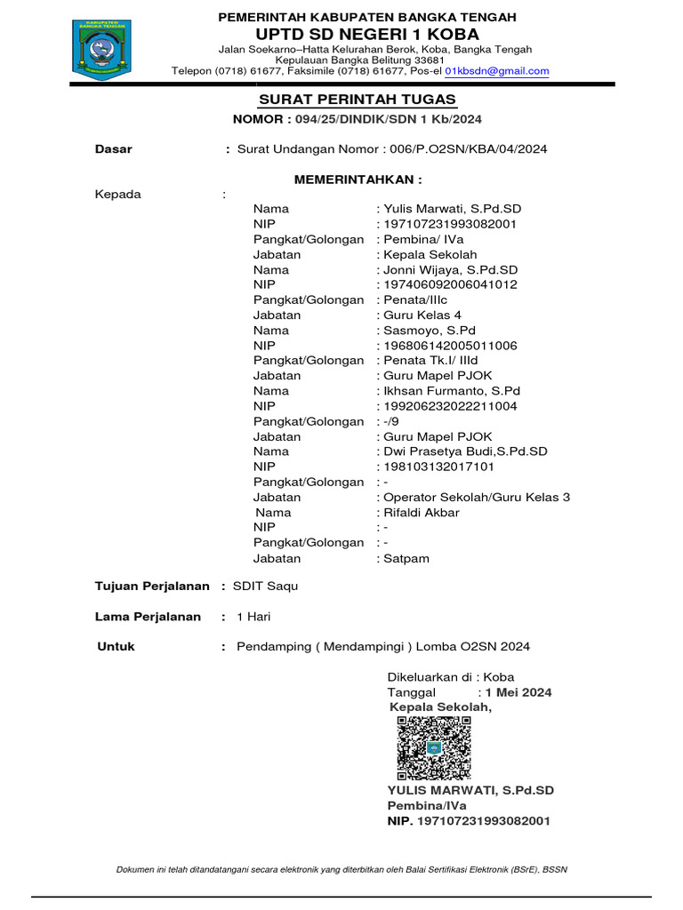 Surat Tugas SPD Pendamping O2SN 2024 | PDF