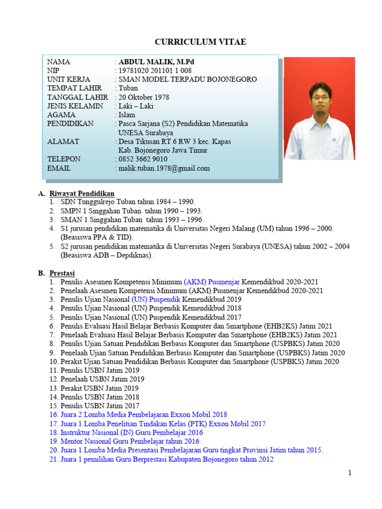 CV Abdul Malik, M.Pd. (26 Maret 2021) | PDF