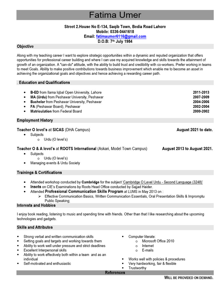 Resume Fatima Umer (2) | PDF | Communication | Human Communication