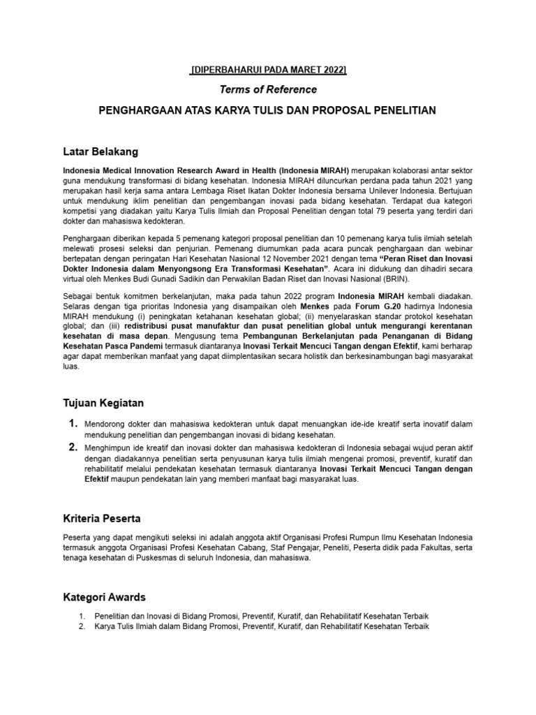 TOR Indonesia MIRAH 2022 | PDF