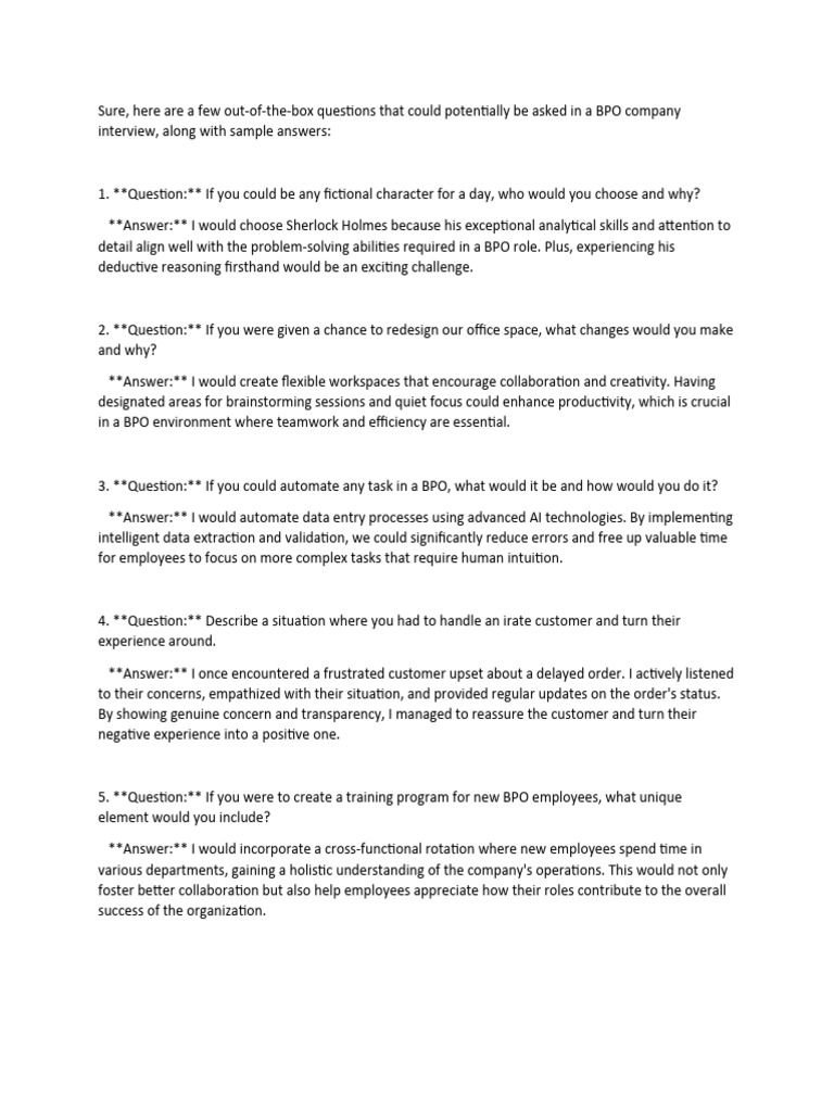 Creative BPO Interview Questions & Answers | PDF | Career & Growth