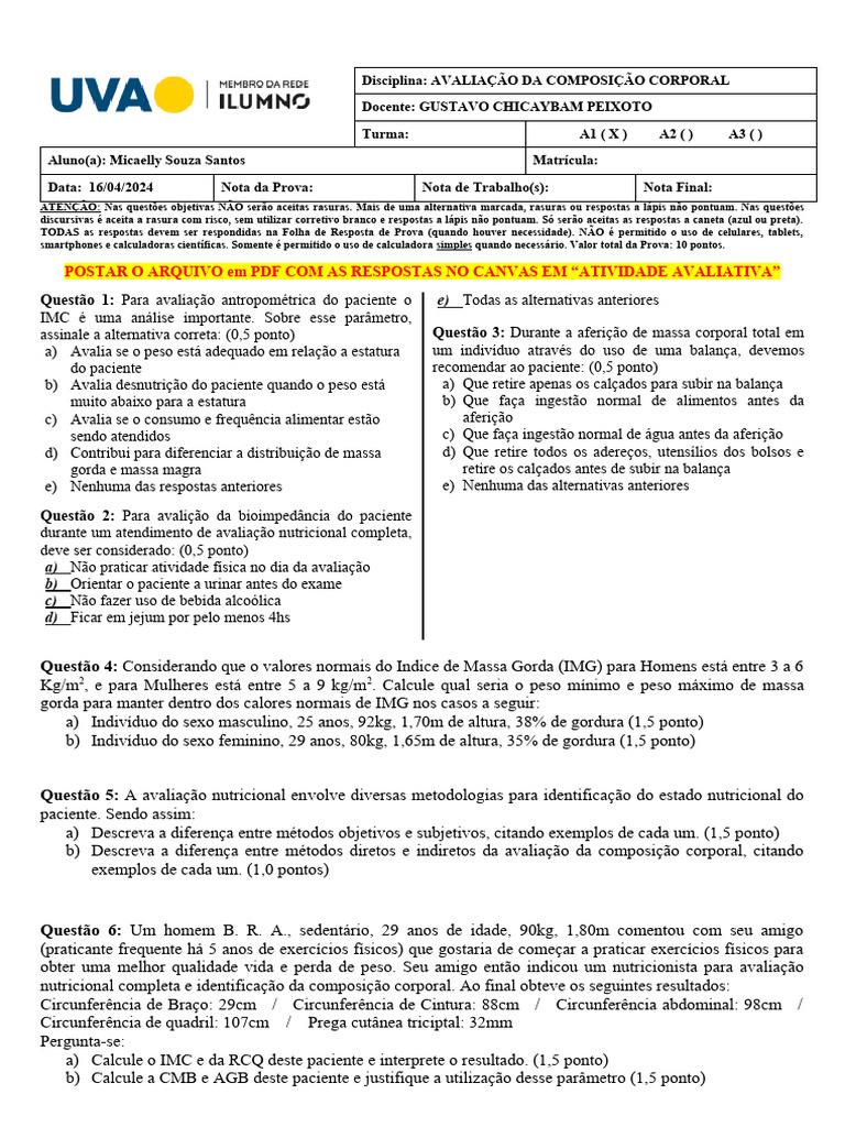 Cópia de Prova A1-2024-1 AN1 - Gustavo Chicaybam-2 | PDF | Índice de massa corporal