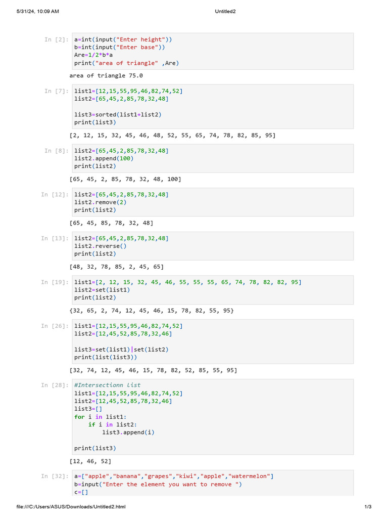 "Enter Height" "Enter Base" "Area of Triangle": #Intersectionn List ...