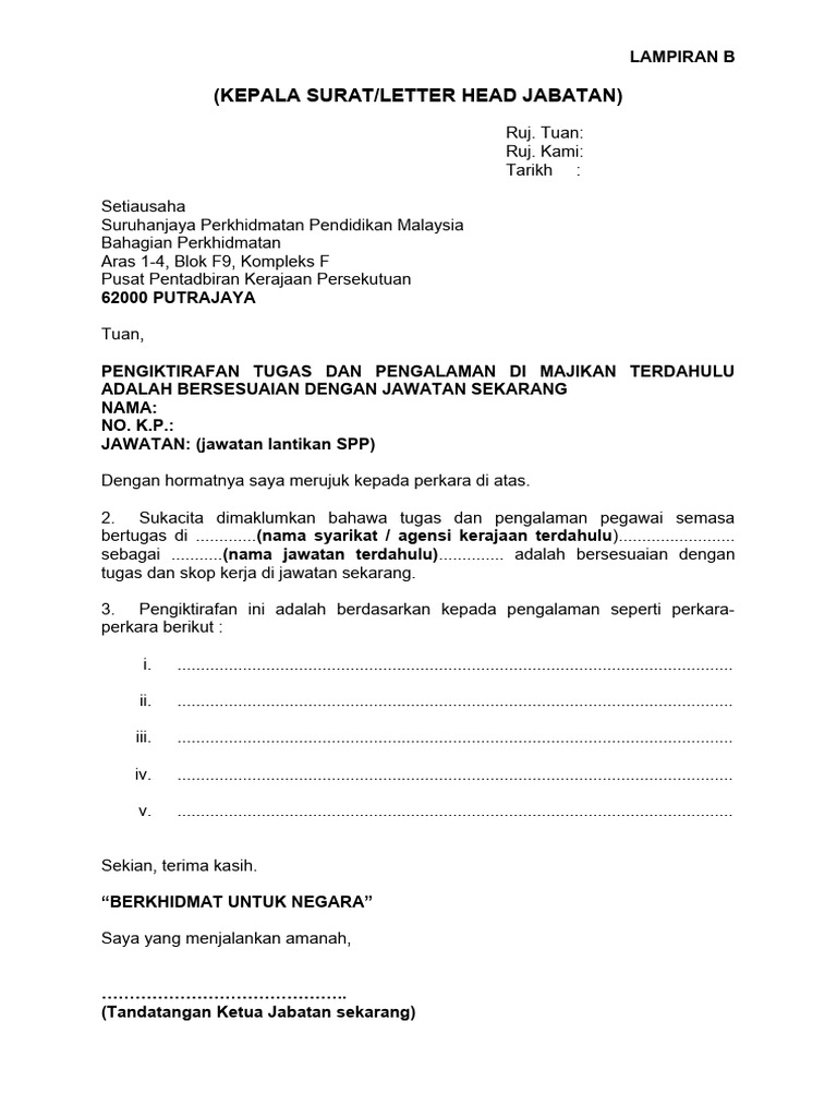 Lampiran B - Contoh Surat Pengiktirafan Ketua Jabatan | PDF