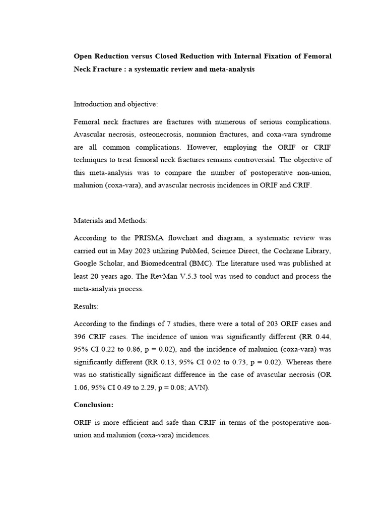 Open Reduction Versus Closed Reduction With Internal Fixation Of Femoral Neck Fractur1 Pdf