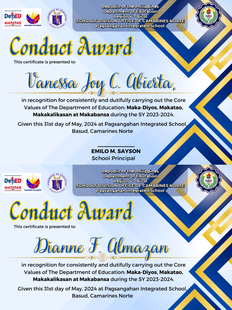 (Bulk 1) ELEM Conduct Award 2023-2024 | PDF | Government | Government ...