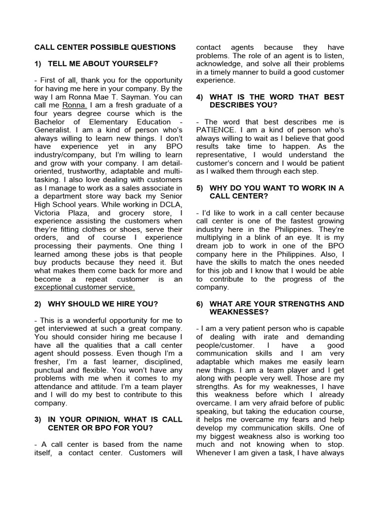 Call Center Possible Questions | PDF | Outsourcing | Call Centre