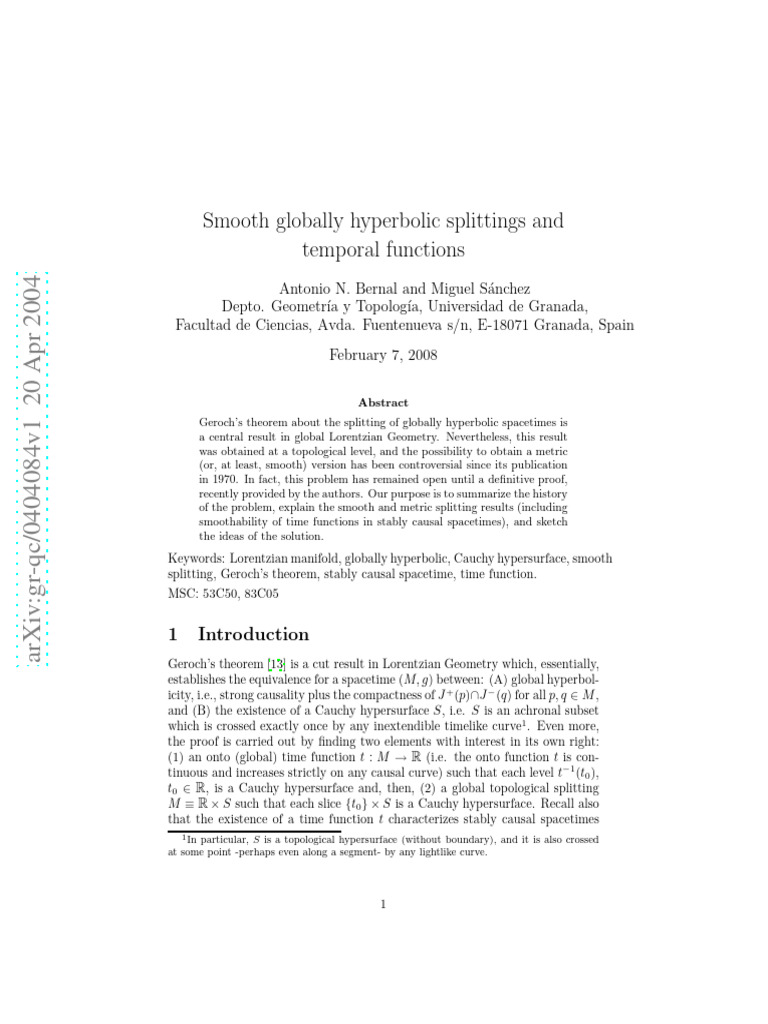 Smooth Globally Hyperbolic Splittings and Temporal Functions | PDF | Physics | Theoretical Physics