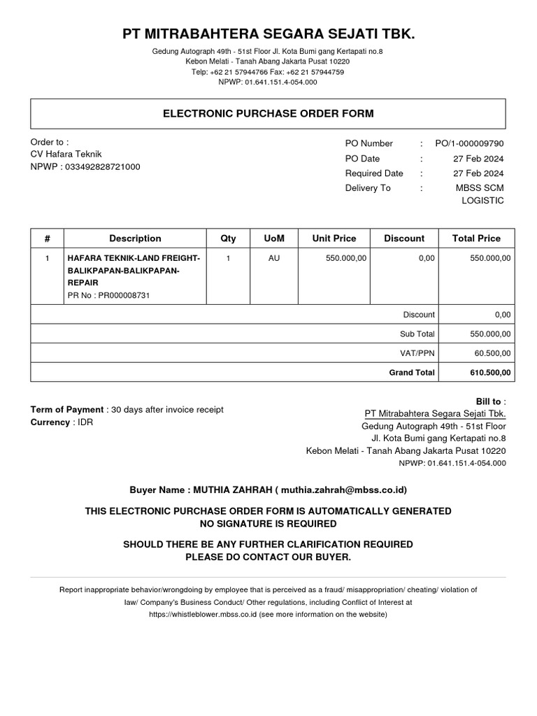 Po1-000009790 Hafara Teknik BPP Repair Mbss | PDF | Supply Chain Management | Business Documents