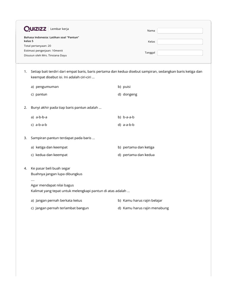Bahasa Indonesia- Latihan Soal "Pantun" Kelas 5 | Quizizz | PDF