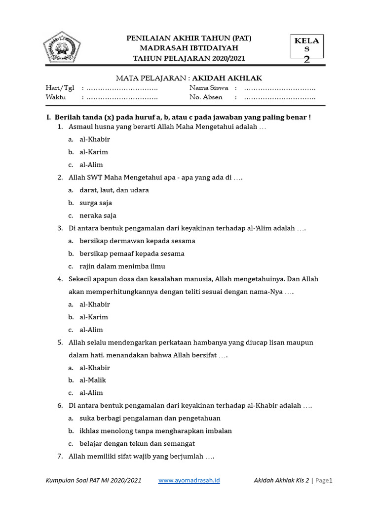 PAT Akidah Akhlak Kls 2 MI Soal Dan Kunci Jawaban | PDF