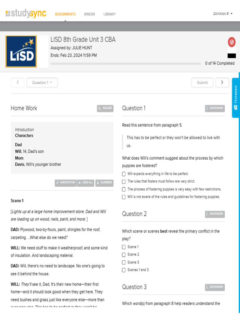 StudySync - Test - LISD 8th Grade Unit 3 CBA | PDF | Structural Engineering