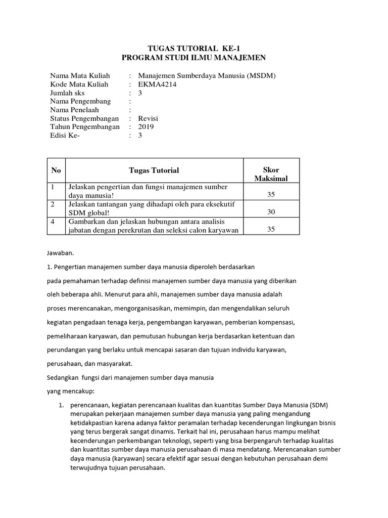 Soal Jawaban Tugas 1 EKMA4214 | PDF | Karier & Perkembangan | Bisnis
