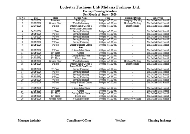June 2020 Factory Cleaning Schedule | PDF