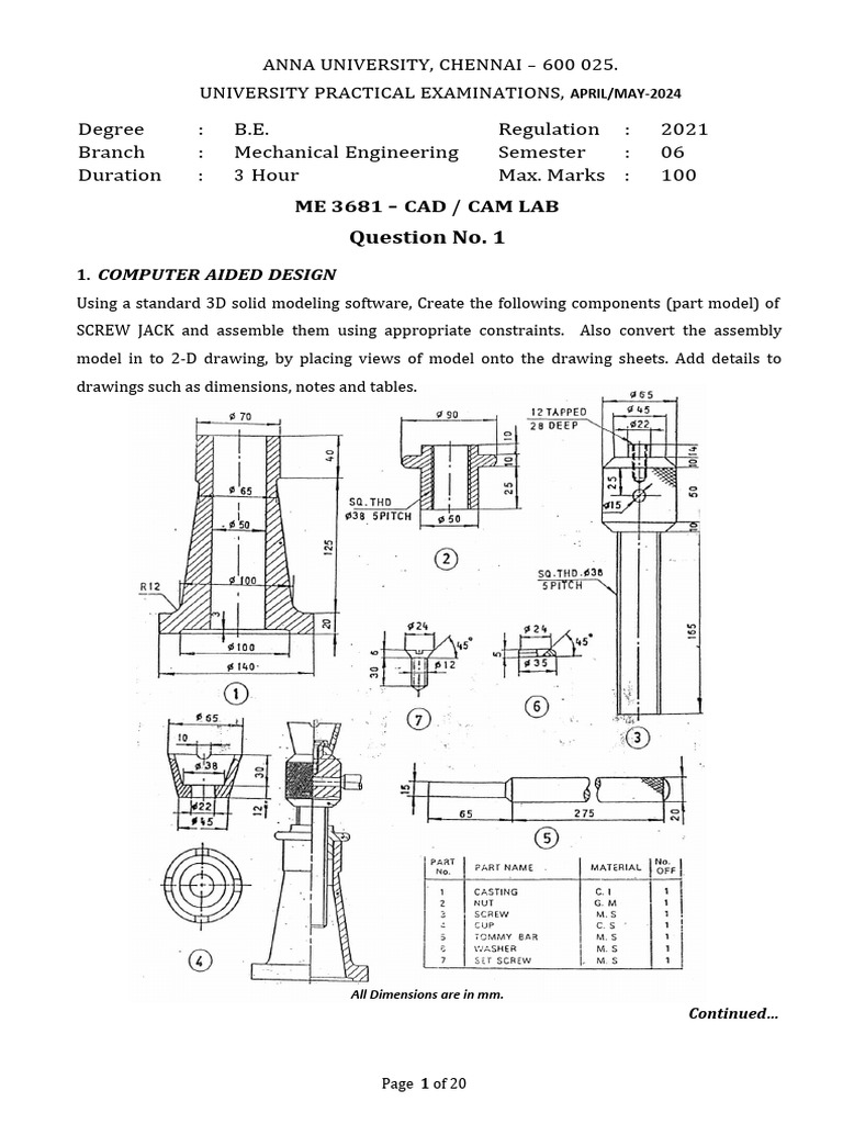 9.me3681 Cad - Cam Lab Question 1 | PDF | Computer Aided Design | Mechanical Engineering