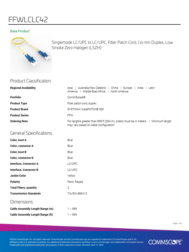 Ffwlclc42-Product-Specifications OFC Patch Chord | PDF | Optical Fiber