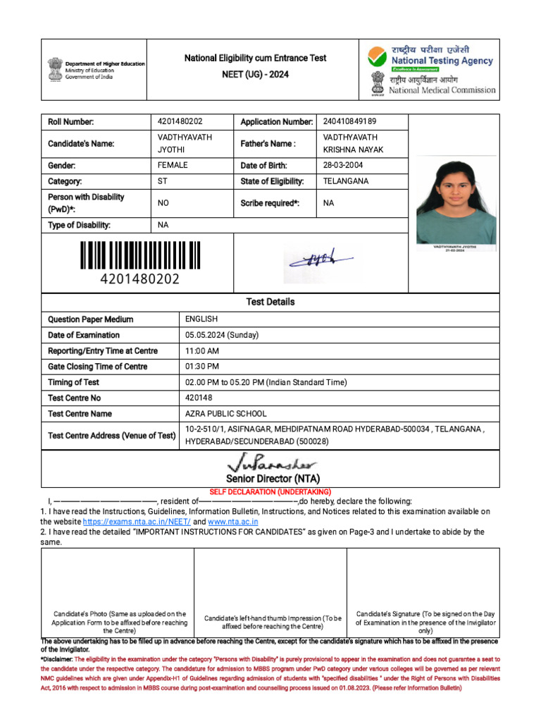 NEET 2024 Admit Card Instructions | PDF | Identity Document