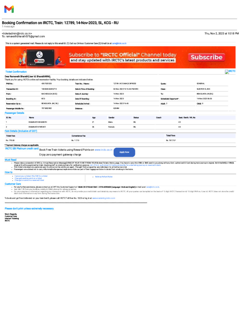 Gmail - Booking Confirmation On IRCTC, Train - 12789, 14-Nov-2023, SL ...