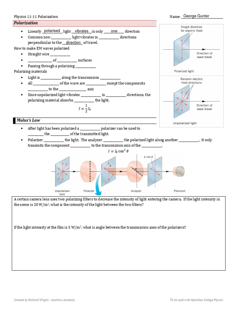 MalusLawWorksheet | PDF | Polarization (Waves) | Radiation