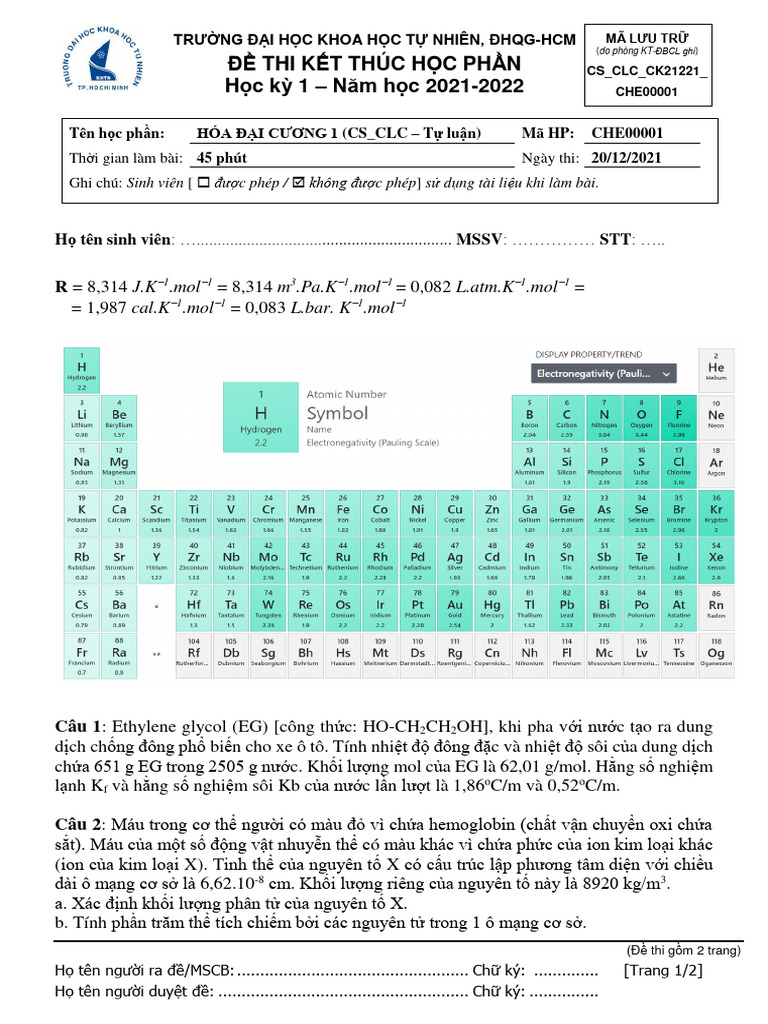 20 12 Ca1 Che00001 Hoa Dai Cuong 1 Cs CLC Nctranh Tu Luan | PDF