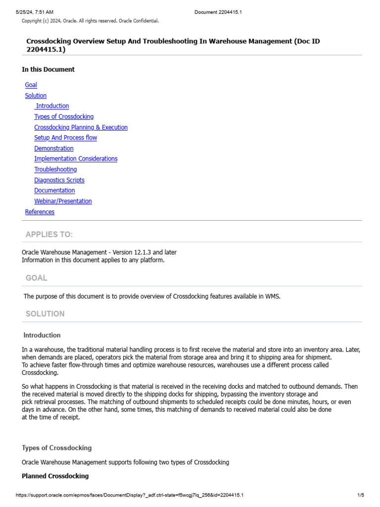 Crossdocking Overview Setup and Troubleshooting in Warehouse Management (Doc ID 2204415.1) | PDF ...
