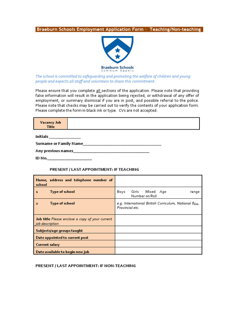 Braeburn Schools Employment Application Form – Teaching_Non-teaching ...
