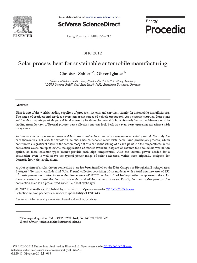 Solar Process Heat For Sustainable Automobile Manufacturing - 2012 - Energy Procedia | Download ...