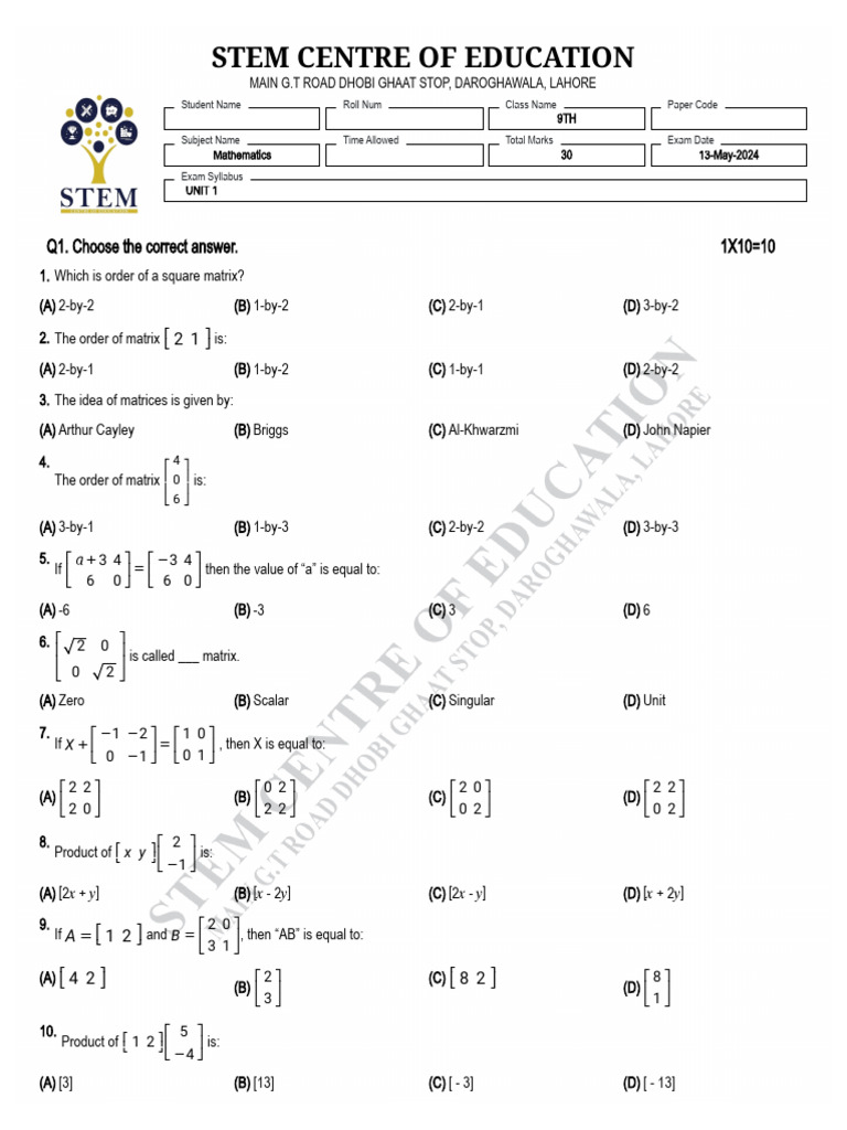 9th Math | PDF | Matrix (Mathematics) | Algebra