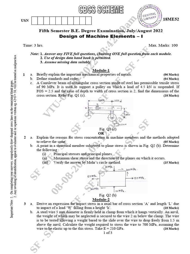 BE-18ME52-5 Sem-July-August 2022 | PDF | Stress (Mechanics) | Belt ...