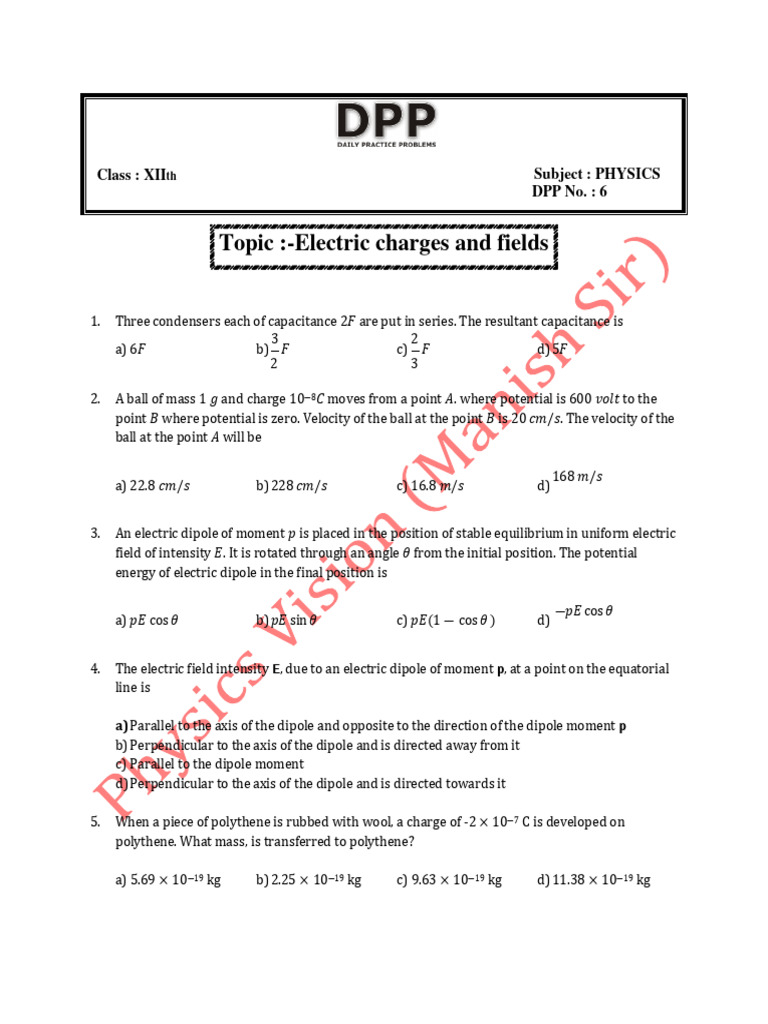 Physics DPP: Electric Charges & Fields | PDF | Capacitance | Capacitor