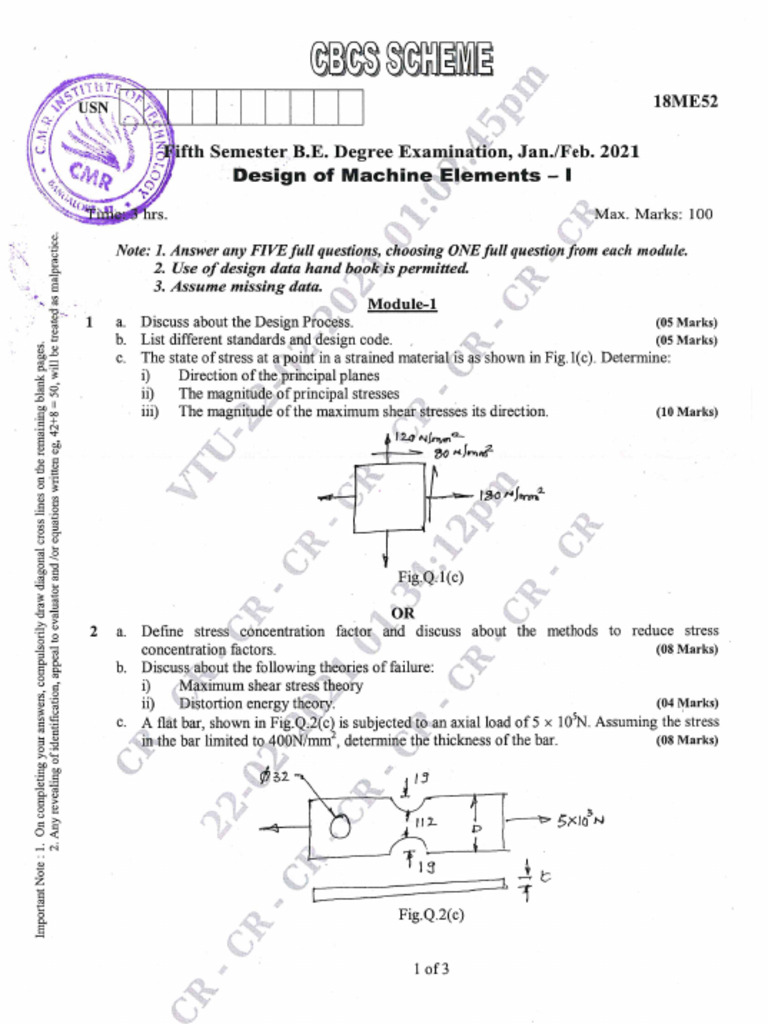 VTU Question Paper of 18ME52 Design of Machine Elements-I Jan-2021 | PDF