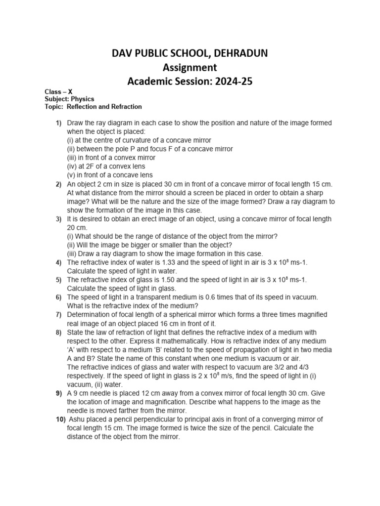 Class 10 Physics: Reflection & Refraction Assignment | PDF | Mirror ...