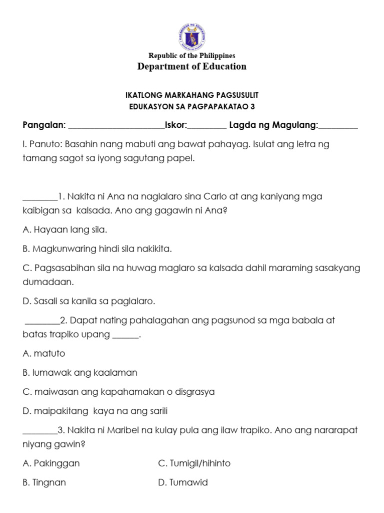 3rd quarter exam in ESP | PDF