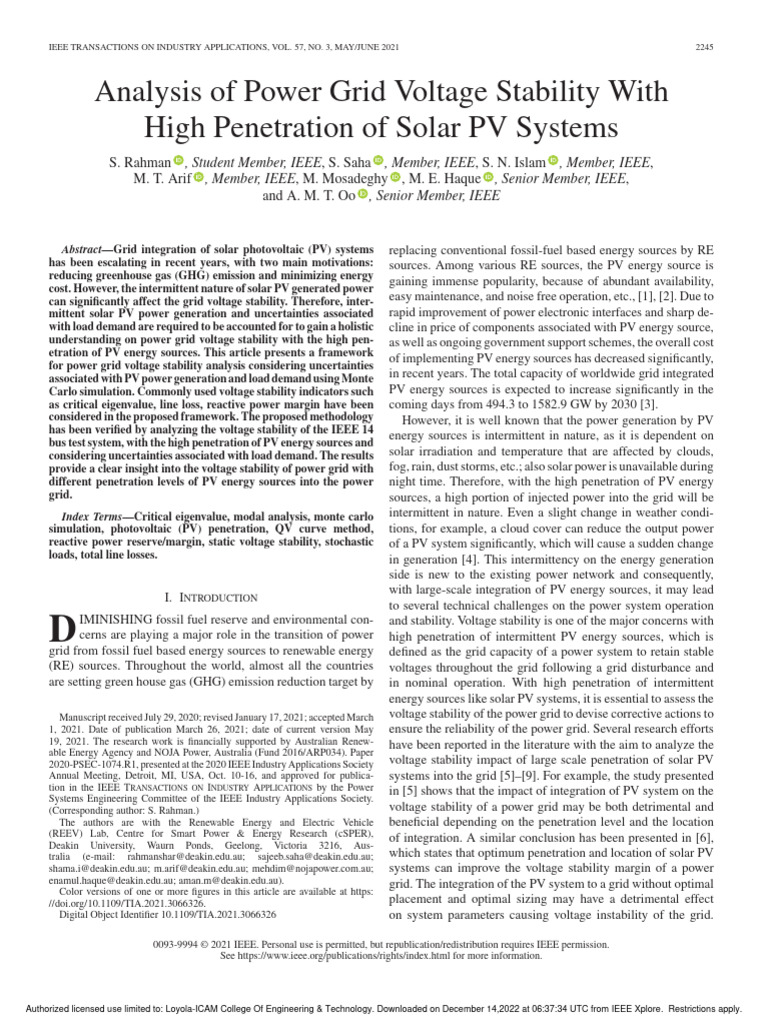 Analysis of Power Grid Voltage Stability With High Penetration of Solar PV Systems | PDF ...