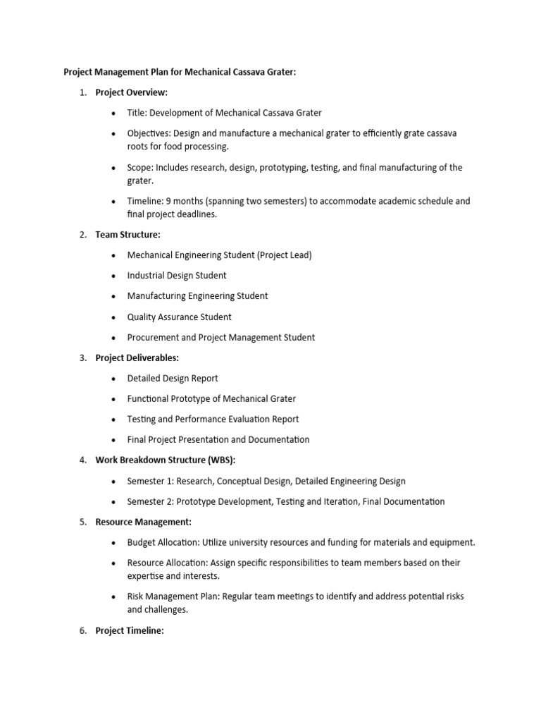 Project Management Plan For Mechanical Cassava Grater | Download Free ...