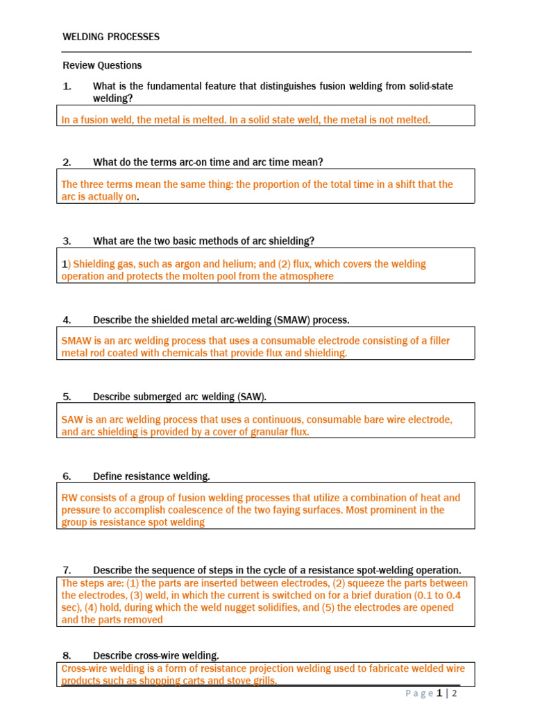 Tutorial Questions WELDING PROCESSES SOLUTIONS | PDF | Welding | Construction