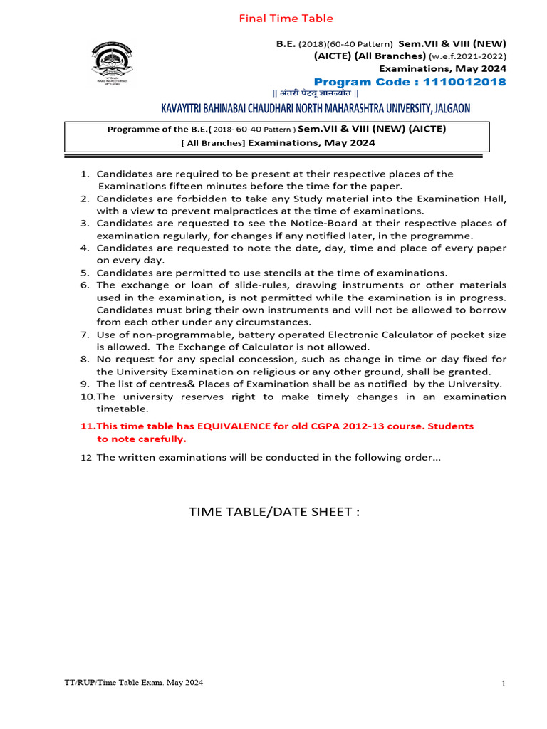 B.E.Final Time Table Exam - May 2024 | PDF | Engineering | Mechatronics