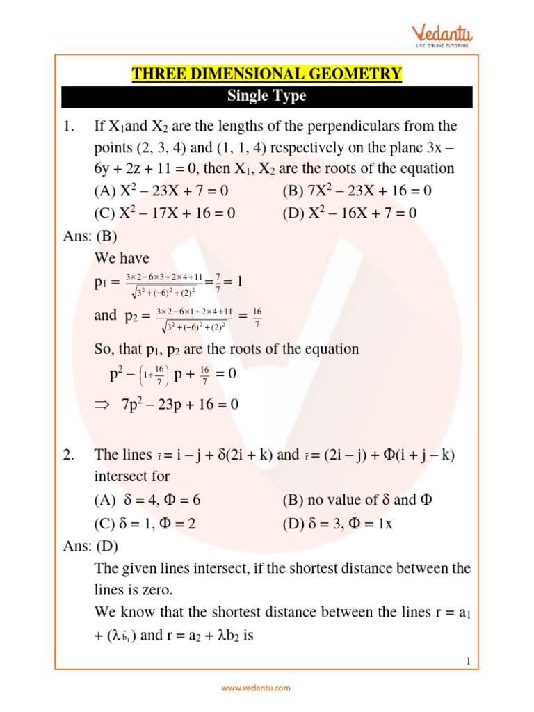 JEE Advanced Three Dimensions Geometry Important Questions (1 ...
