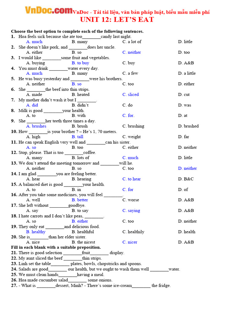 Bai Tap Tieng Anh Lop 7 Unit 12 Lets Eat Co Dap An | PDF | Fruit Preserves | Foods