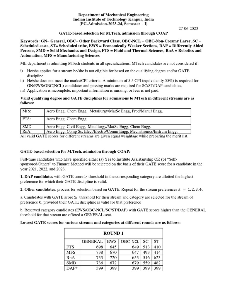 M Tech Admission COAP Cutoff 27-06-23 | PDF | Engineering