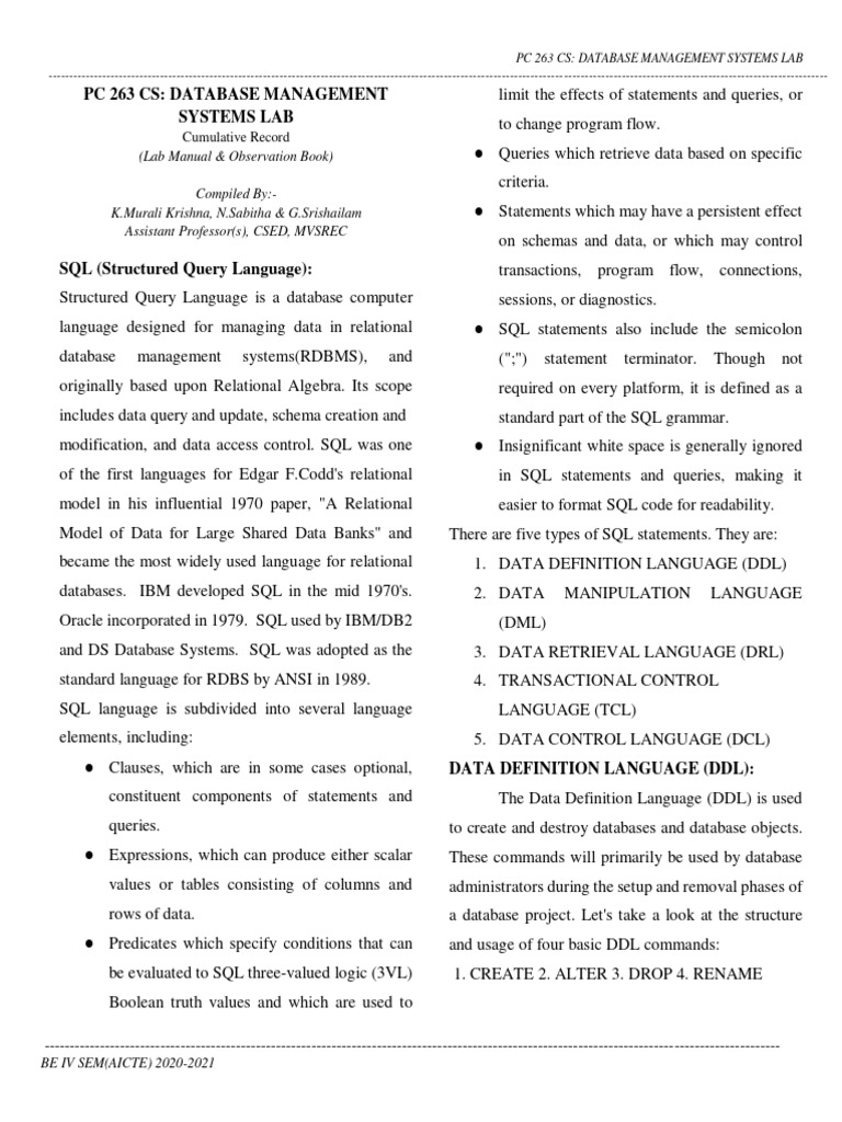 Dbms Lab Record 2020 21 Final Pdf Parameter Computer Programming Sql