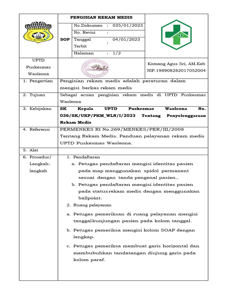 SOP Pengisian Rekam Medis Puskesmas | PDF | Hukum | Teknologi & Rekayasa
