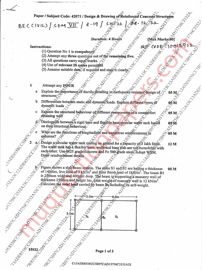 Be - Civil Engineering - Semester 7 - 2022 - December - Design Drawing ...