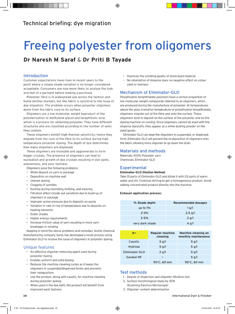Freeing Polyester From Oligomers | PDF | Dyeing | Polyester