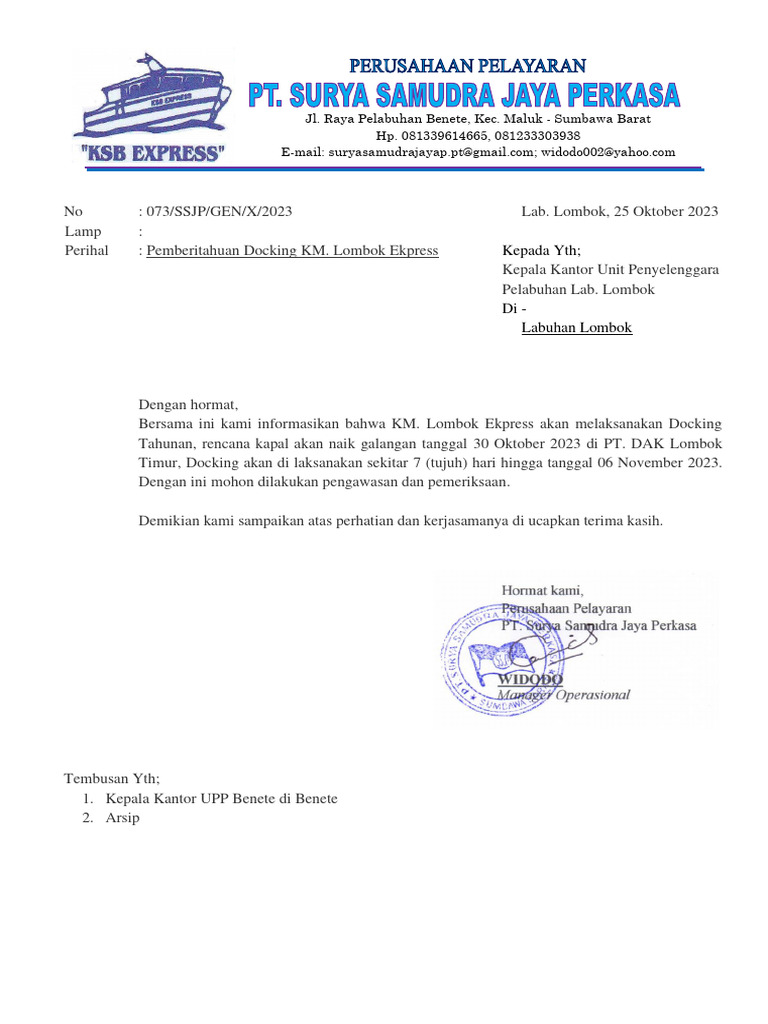 Pemberitahuan Kapal Docking Lombok Ekp Okt 23 | PDF | Sains & Matematika