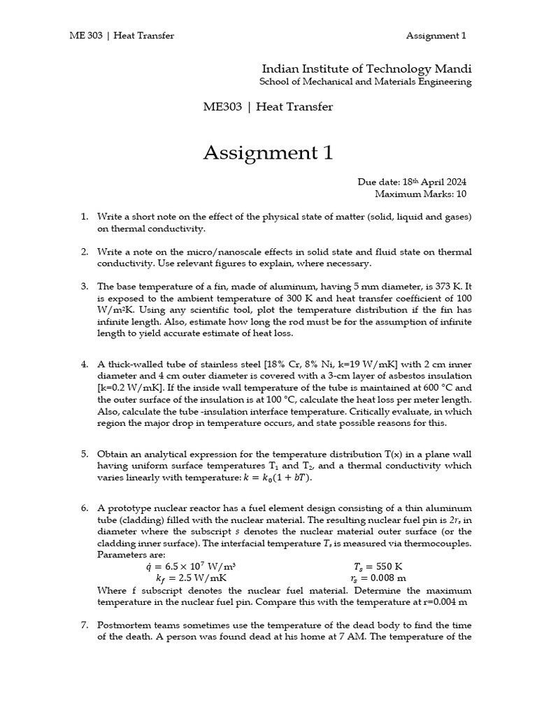 ME303 Assignment 1 | PDF | Heat Transfer | Temperature